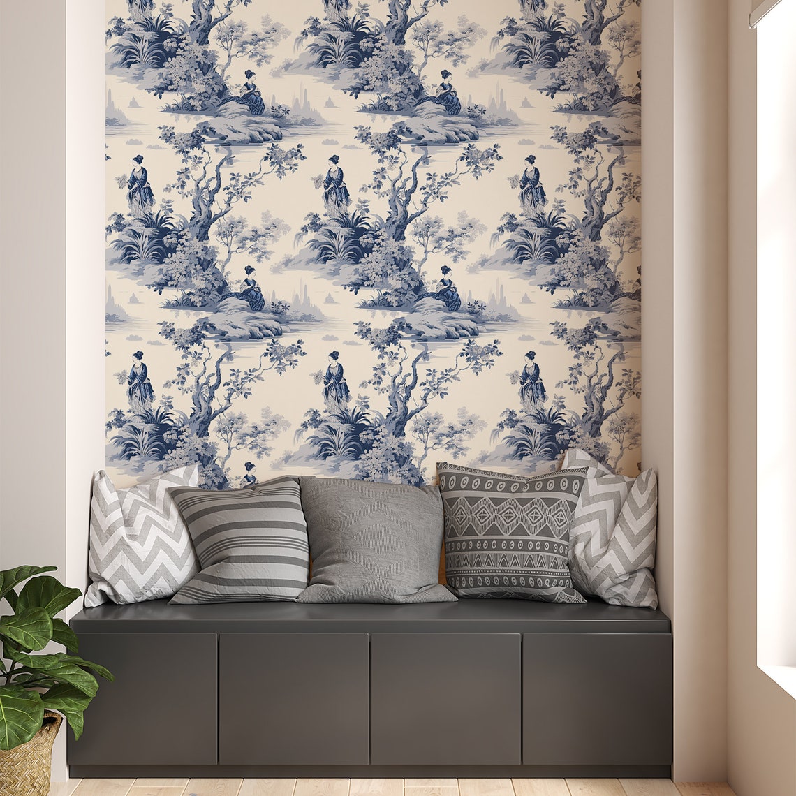 French Blue Toile Countryside Wallpaper, Vintage Monochrome Wall Mural ...