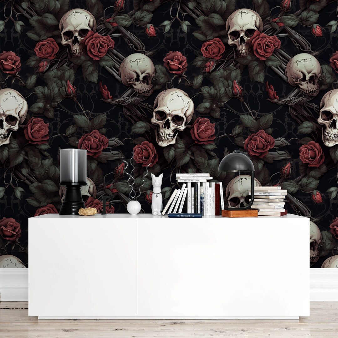 Dark Rose Skull Wallpaper – Gothic Red Floral Skull Wall Mural - Etsy