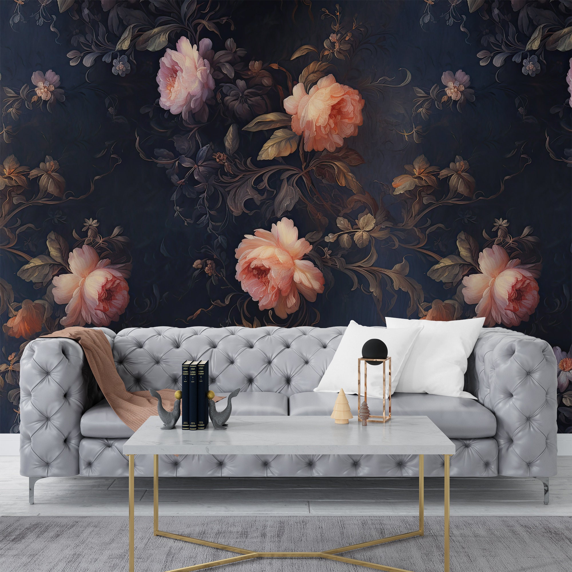 Gothic Dark Blue Floral Wallpaper, Whimsical Peony Wallpaper, Dark Goth ...