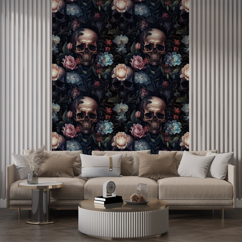 Floral Skull Wallpaper, Dark Gothic Floral Mural, Gothic Rose Mural ...