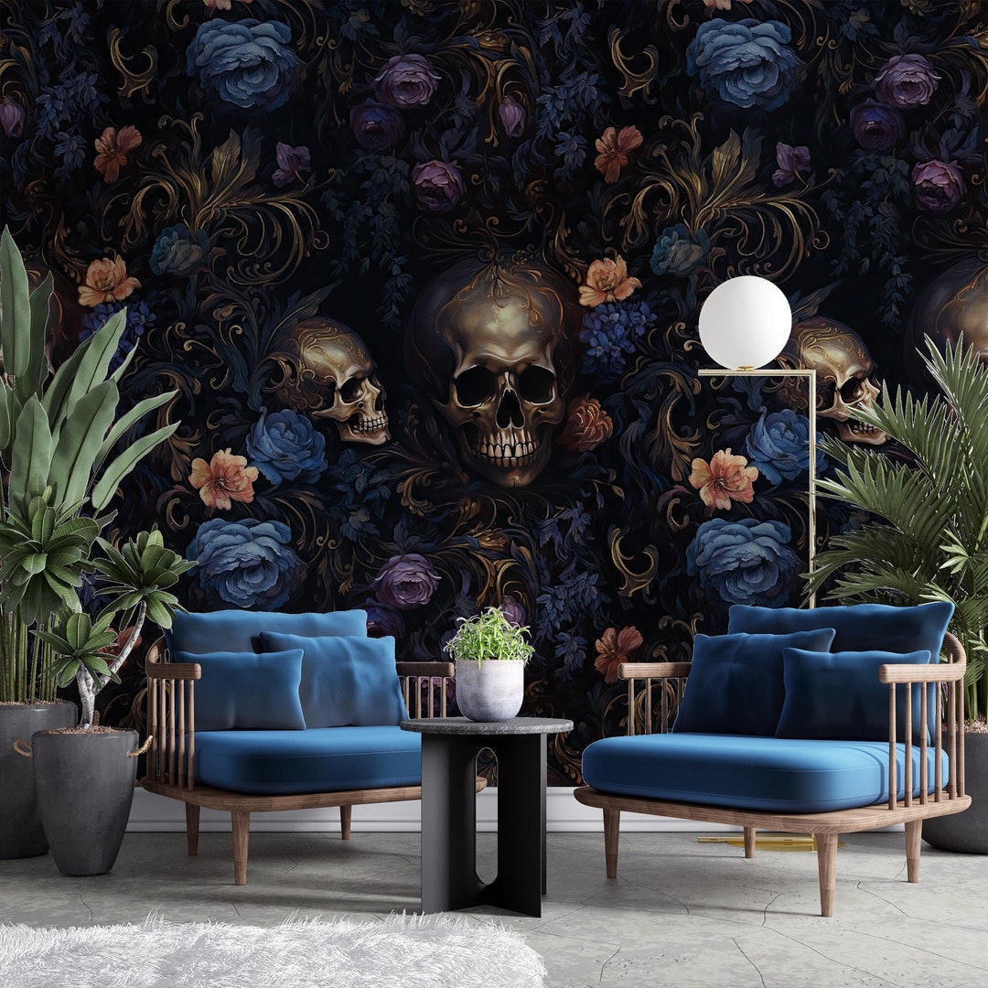 Dark Floral Skull Wallpaper, Golden Skull Gothic Wall Mural, Gothic ...
