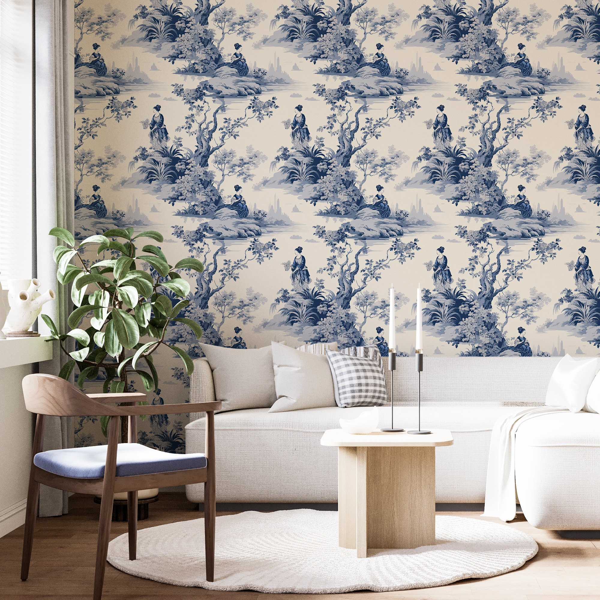 French Blue Toile Countryside Wallpaper, Vintage Monochrome Wall Mural ...