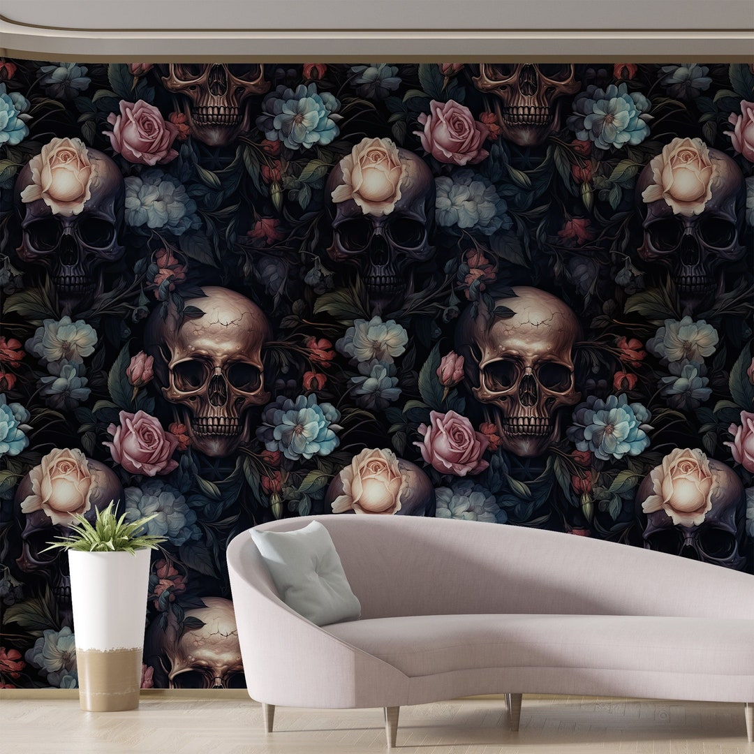 Floral Skull Wallpaper, Dark Gothic Floral Mural, Gothic Rose Mural ...