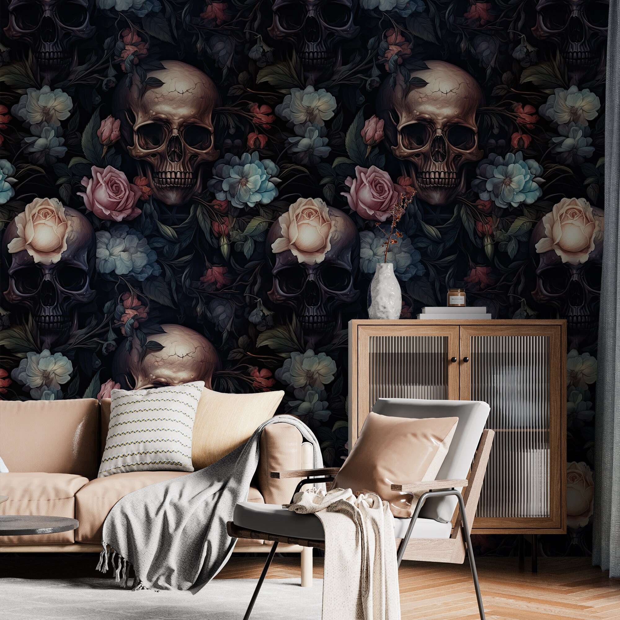 Floral Skull Wallpaper, Dark Gothic Floral Mural, Gothic Rose Mural ...