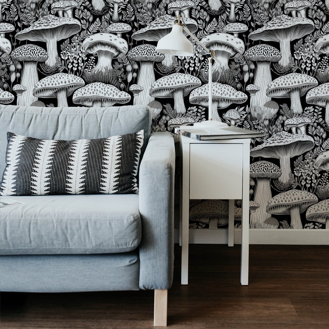Mushroom Wallpaper, Black White Mushroom Wallpaper, Dark Mushroom Mural ...