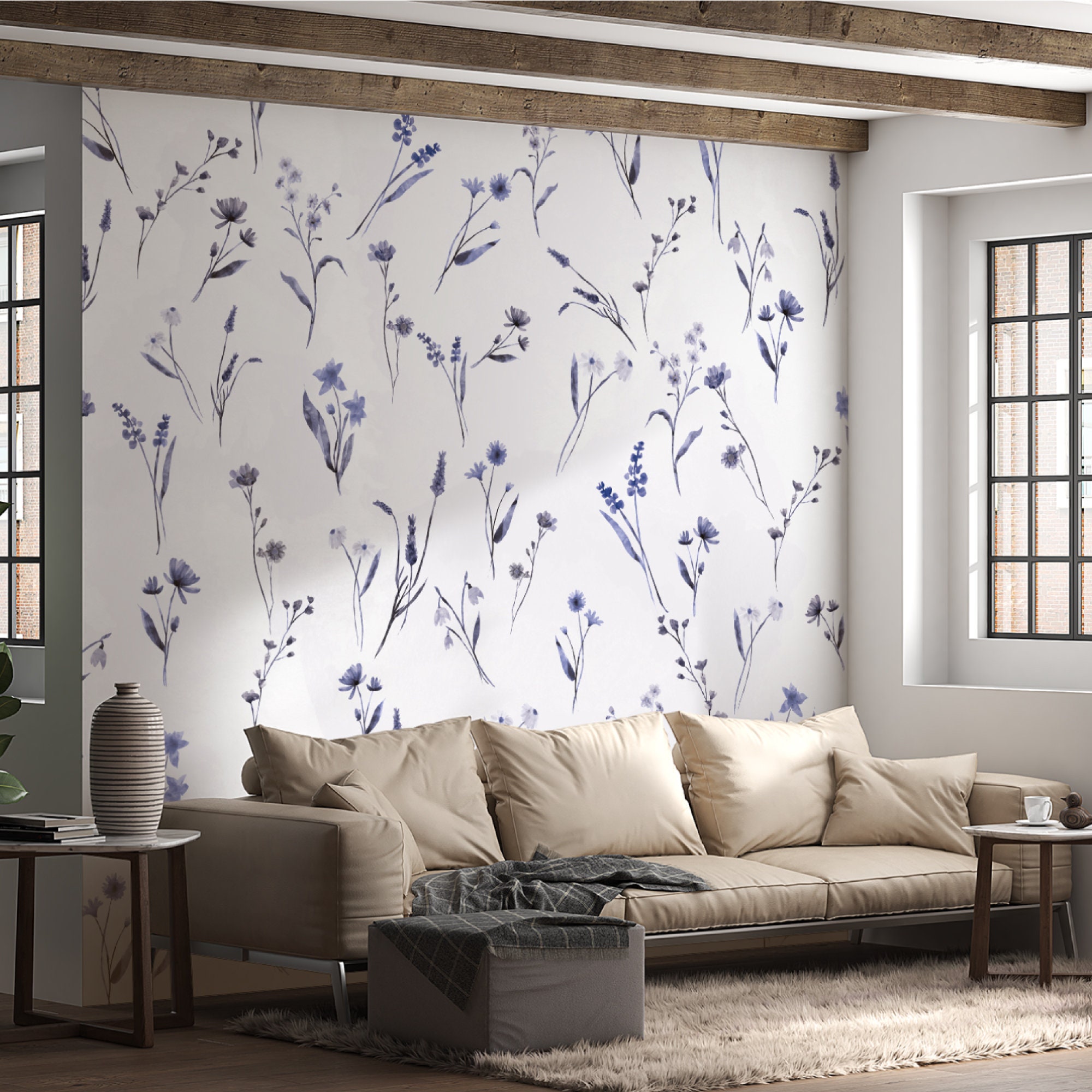 Blue Floral Wallpaper, Blue Watercolor Flowers Wall Mural, Vinyl Peel ...