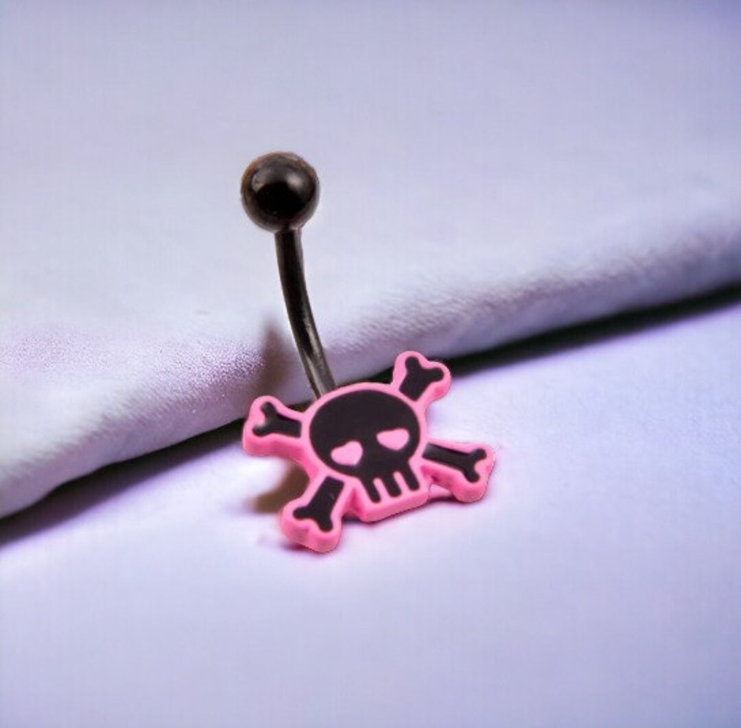 Skull Belly Bar Pink Skull Black Navel Punk Piercing Belly Bar - Etsy