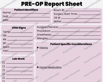 PACU Nurse Report Sheet for Recovery Room Report Sheet Post-op Nurse ...