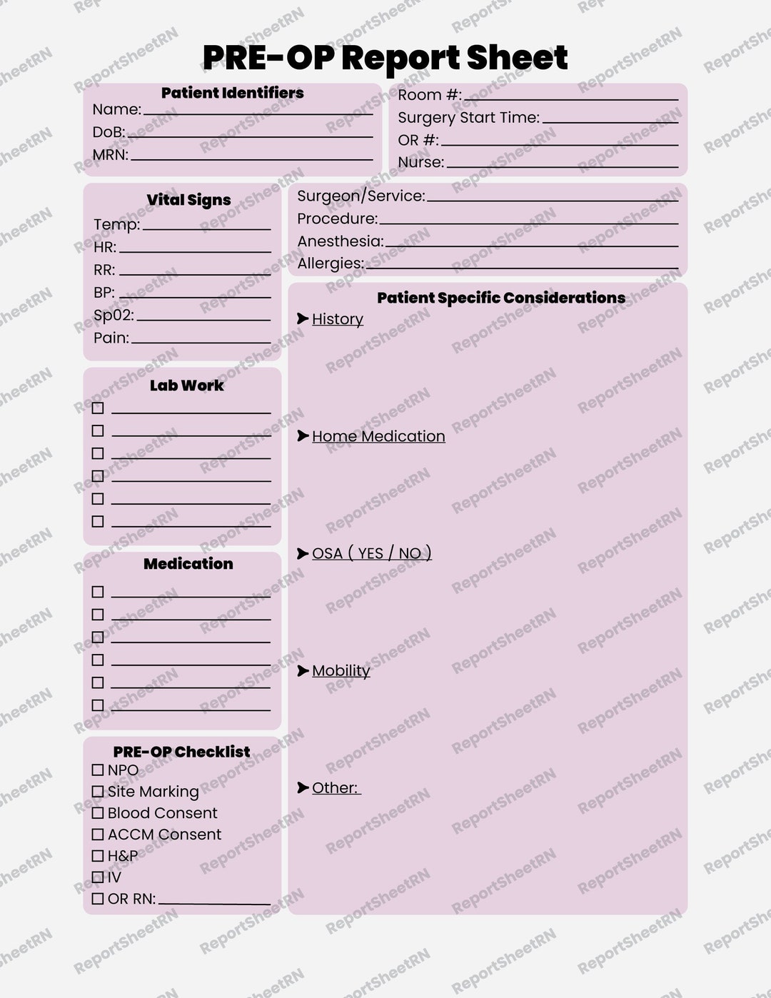 Pre-op Report Sheet - Etsy