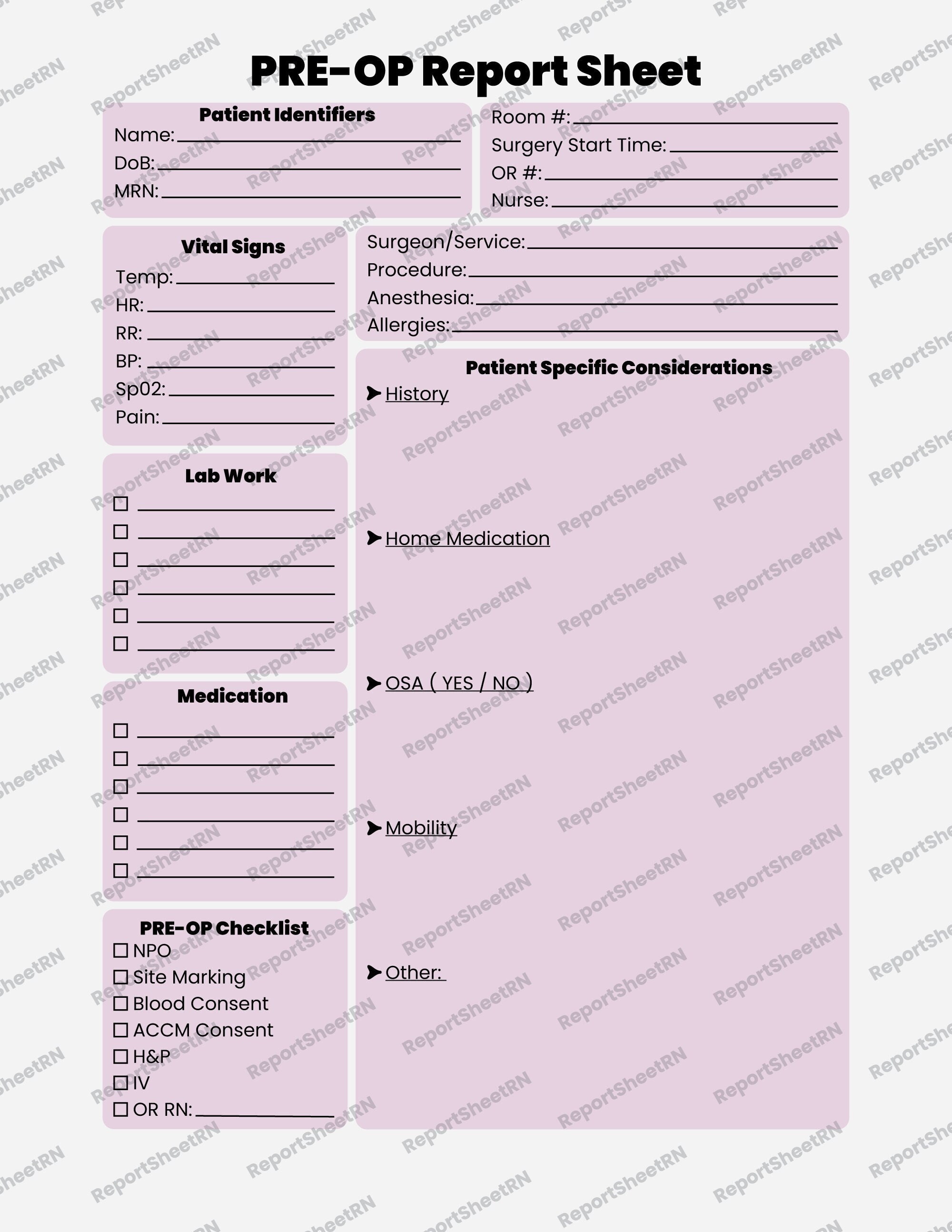 Pre-op Report Sheet - Etsy