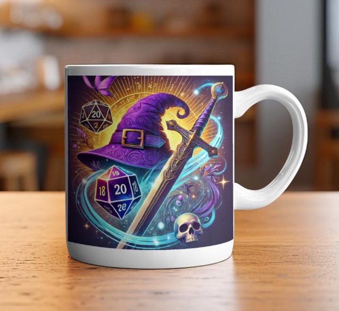 Fantasy Wizard Mug With D20 Dice, Magical Sword, and Enchanted Hat ...