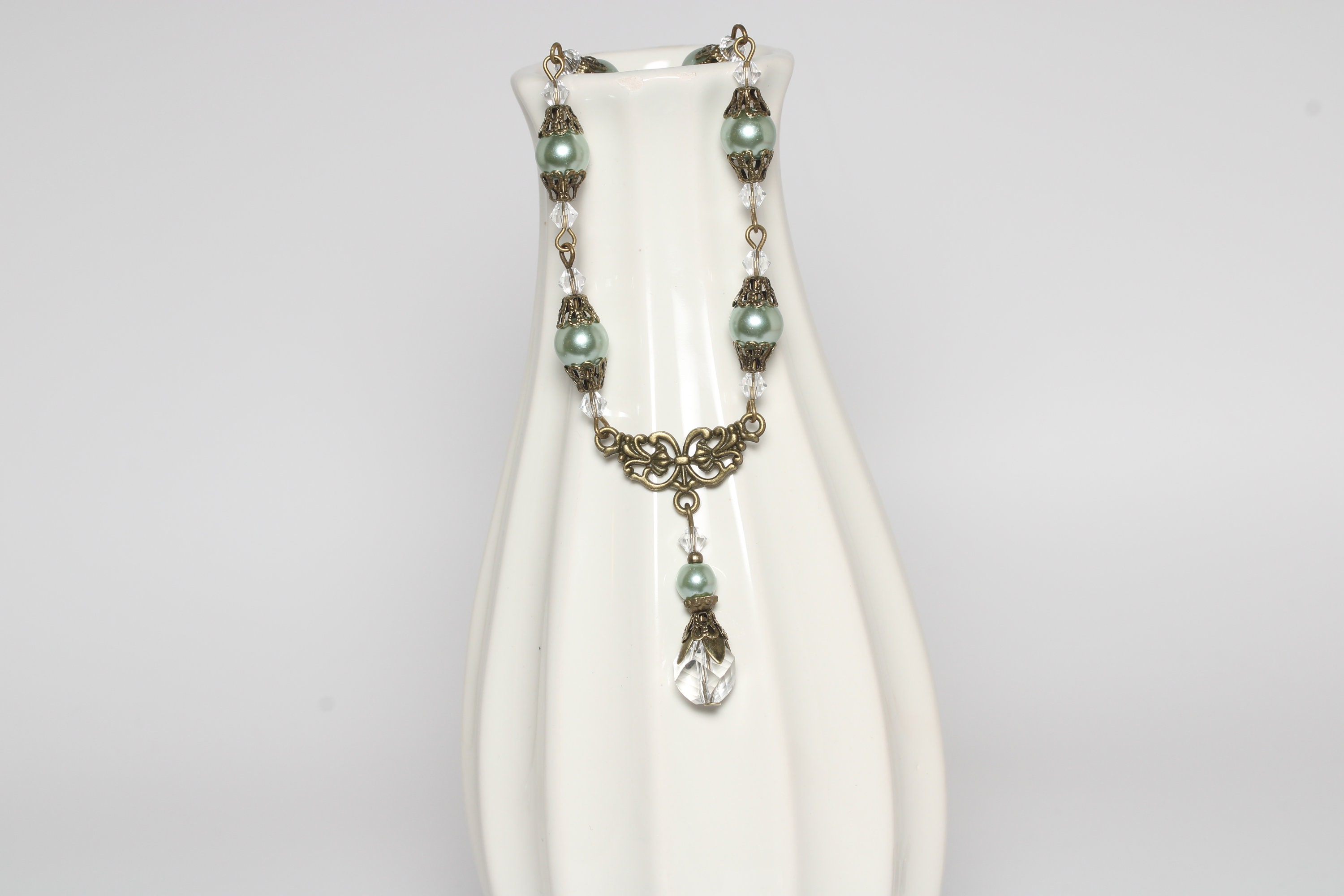 Sage Green Pearl and Crystal Victorian Necklace, Sage Wedding Necklace ...