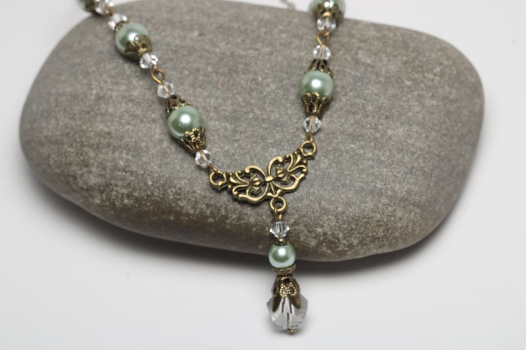 Sage Green Pearl and Crystal Victorian Necklace, Sage Wedding Necklace ...