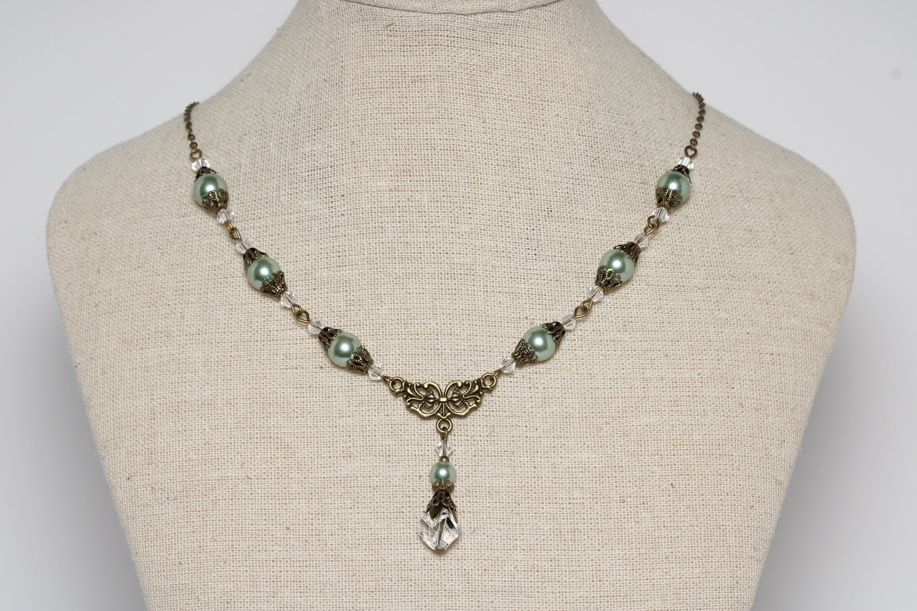 Sage Green Pearl and Crystal Victorian Necklace, Sage Wedding Necklace ...