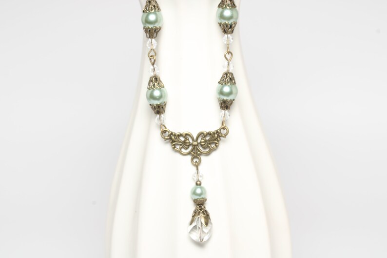 Sage Green Pearl and Crystal Victorian Necklace, Sage Wedding Necklace ...