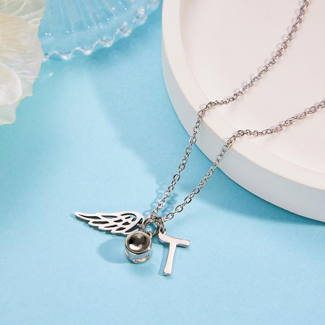 Custom Initial Angel Wing Projection Necklace Gift for Her Personalized ...