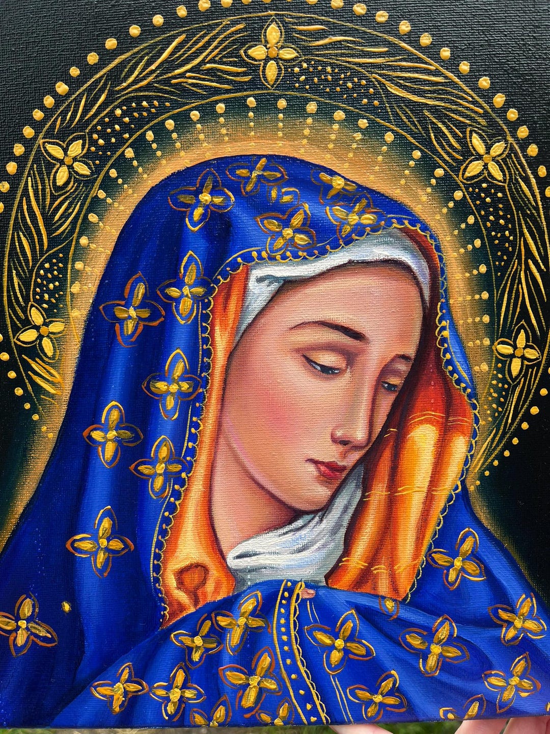 Hand-painted Icon of the Virgin Mary – Blue and Gold Religious Artwork ...
