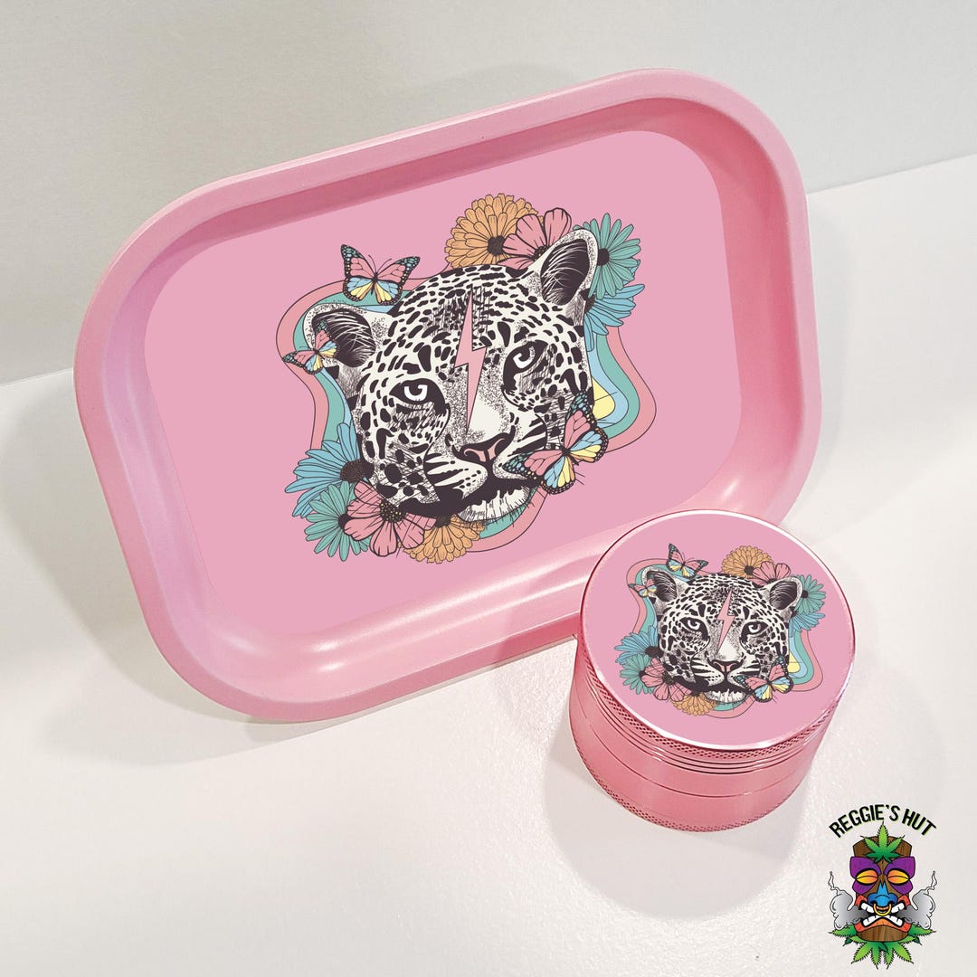Retro Snow Leopard Rolling Tray Set, Pretty Pink Smoke Set With Tray ...