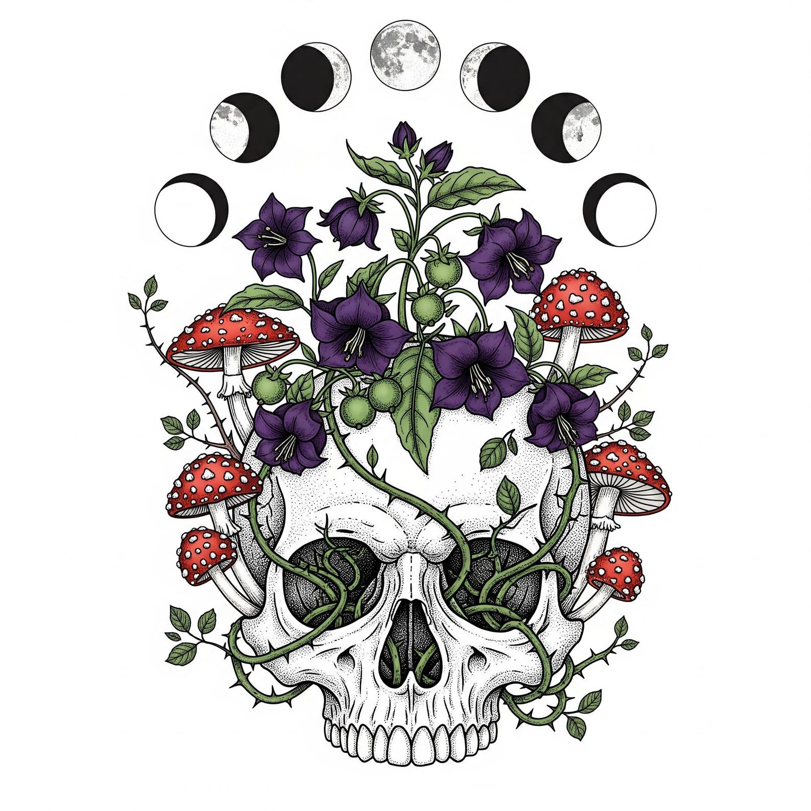 Celestial Witchy Skull PNG, Moon Phases Art, Occult Sublimation Design ...