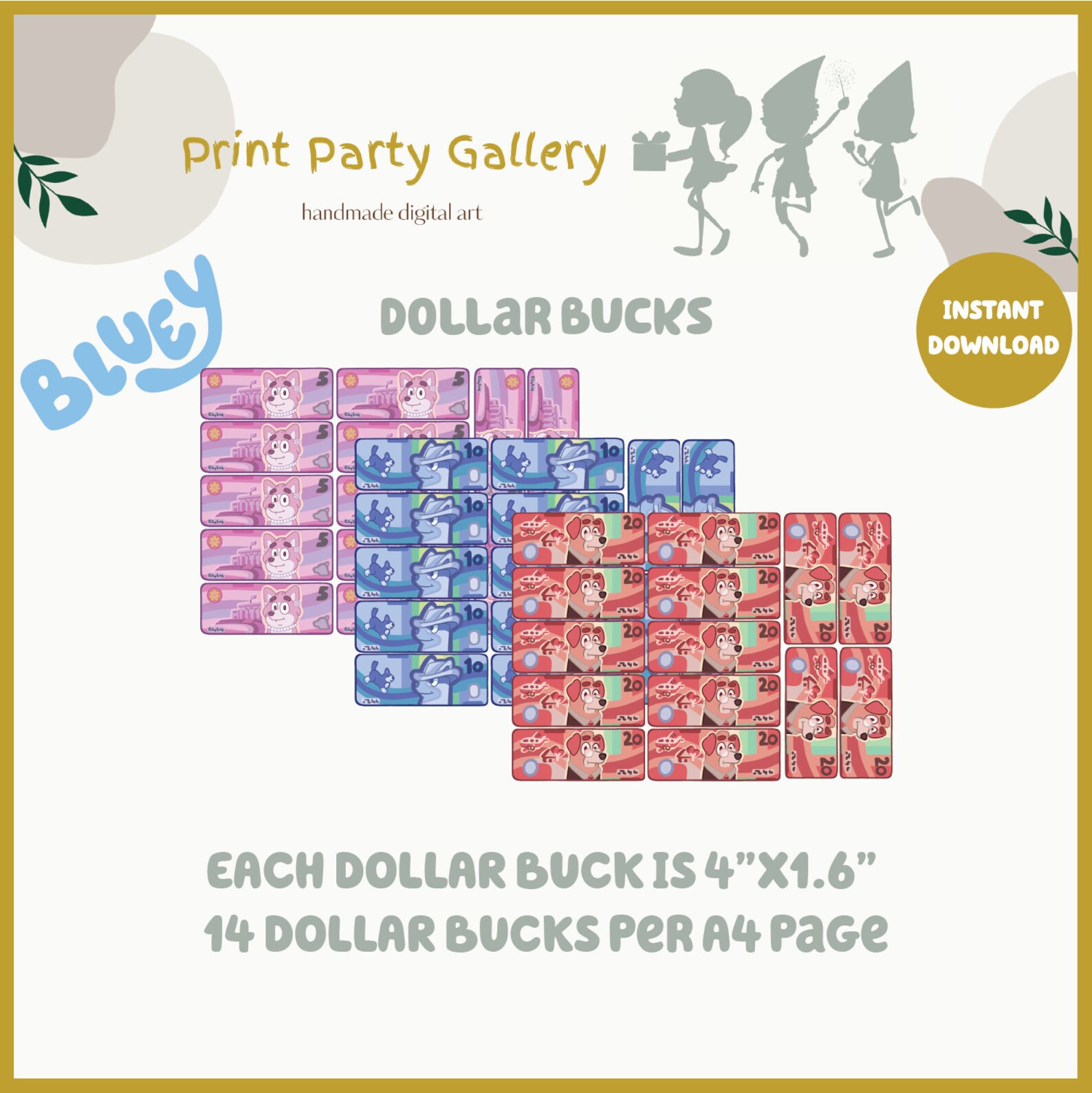 BLUEY Party Favor DOLLAR BUCKS 5-10-20 X14 per Page Print Party Gallery ...
