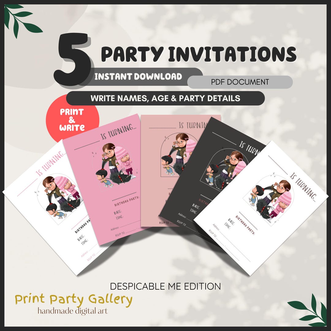 DESPICABLE ME Party Invitations FIVE Invites in 5 Colorways Print ...