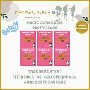 BLUEY Party Favor MAGIC CLAW Coins Pink X6 Print Party Gallery Digital ...