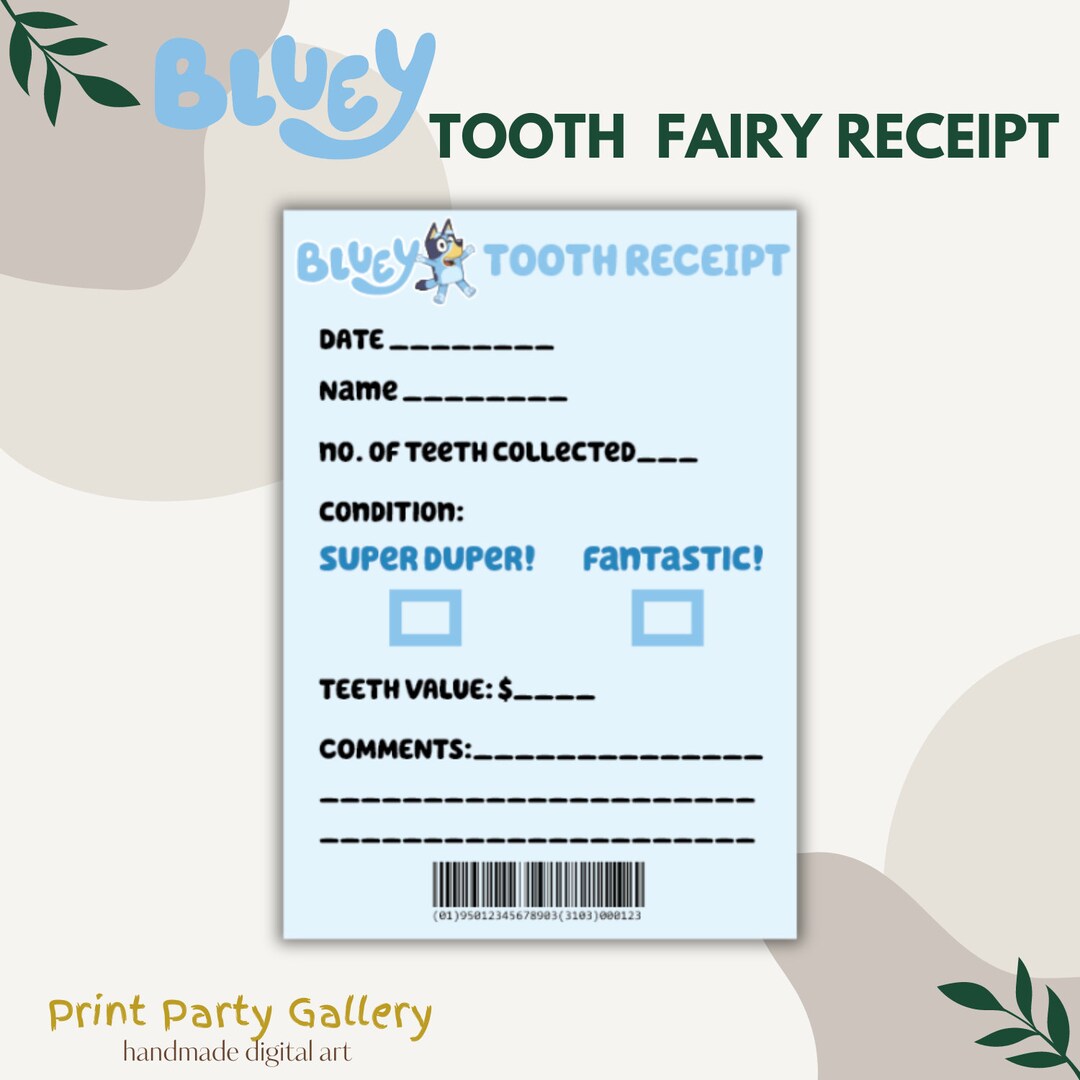 BLUEY Tooth Fairy Receipt | A5 | Print Party Gallery Digital Download ...