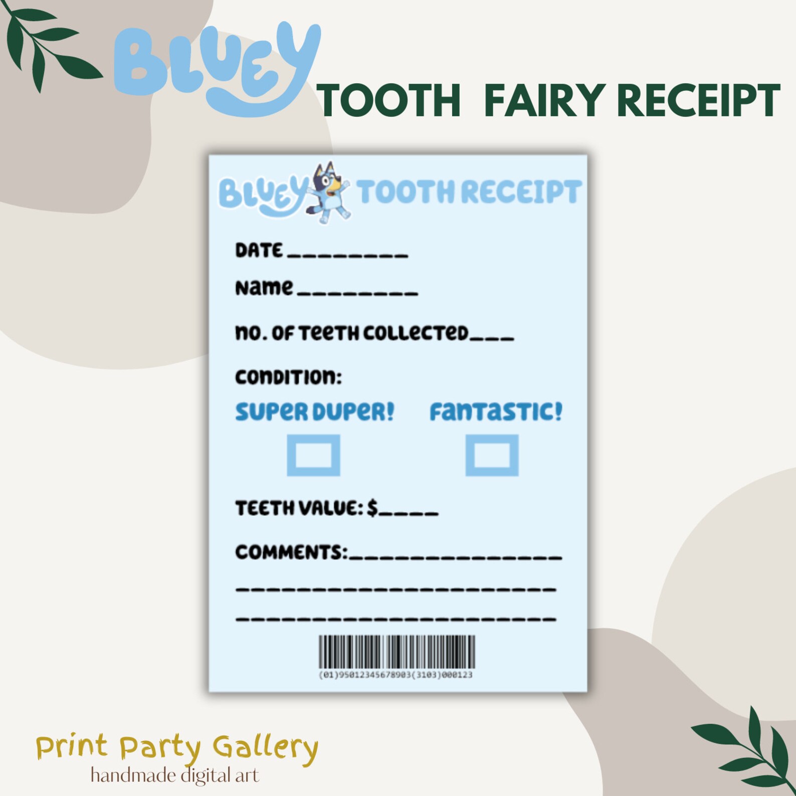 BLUEY Tooth Fairy Receipt | A5 | Print Party Gallery Digital Download ...