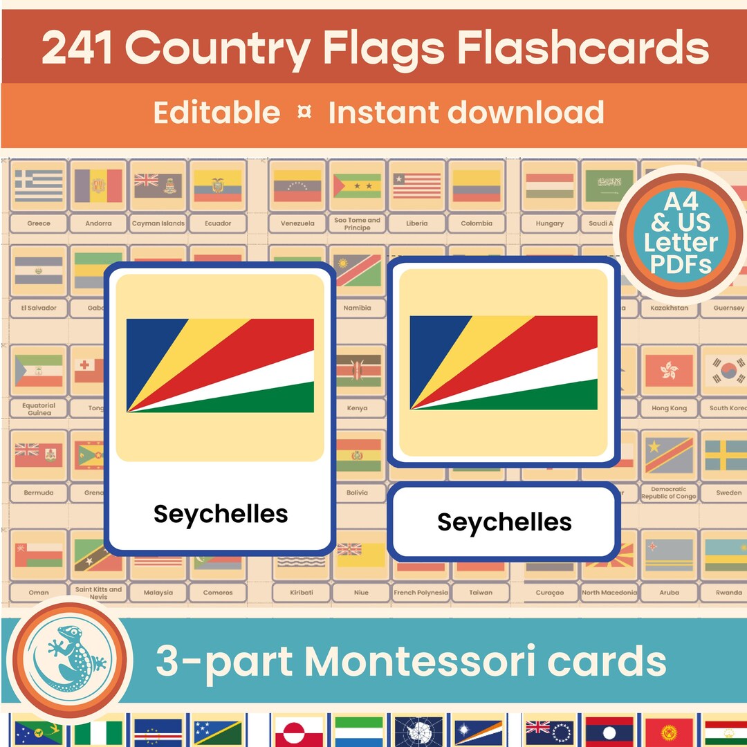 241 Country Flags Colour Flashcards, World, Montessori, 3-part Cards ...