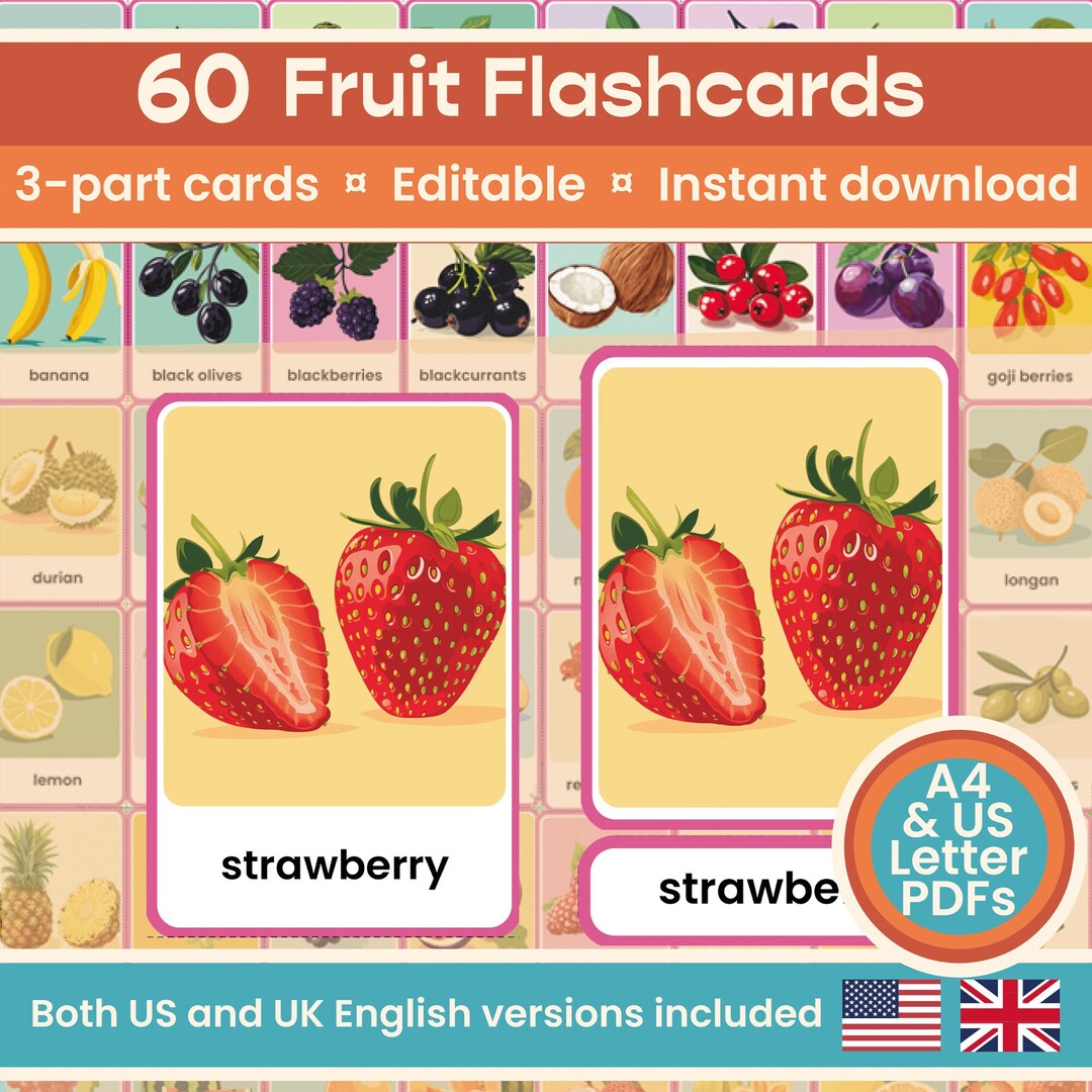 60 Editable Fruit Flashcards, Homeschool Montessori Materials ...