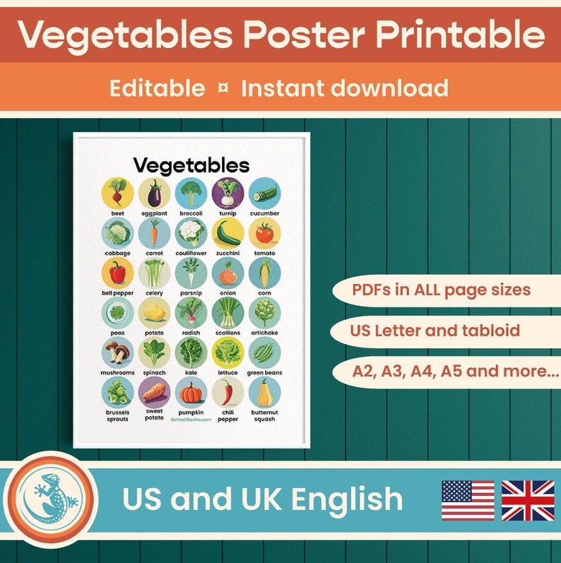 Vegetables Colour Poster Printable, Homeschool Montessori Materials ...
