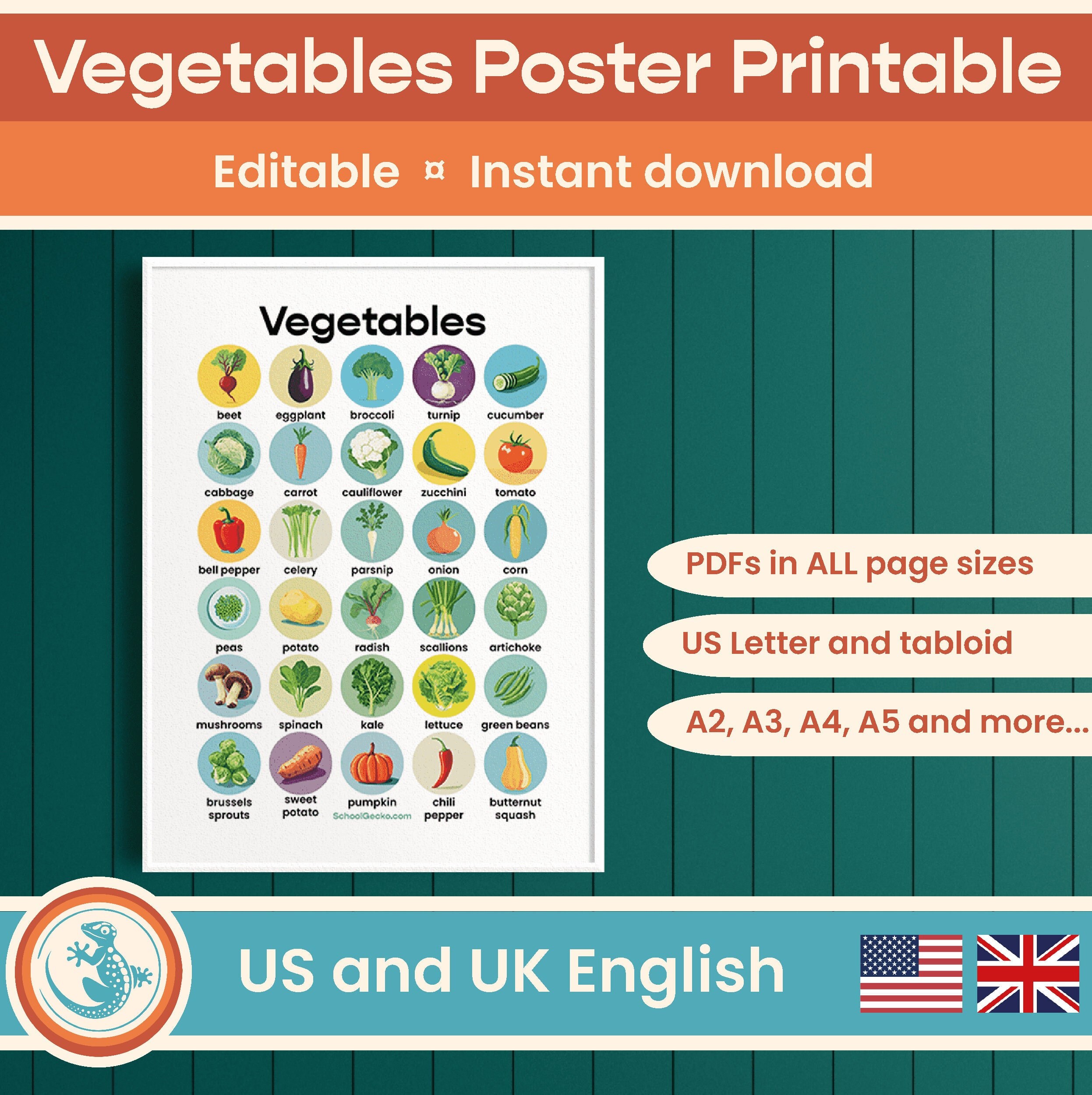 Vegetables Colour Poster Printable, Homeschool Montessori Materials ...