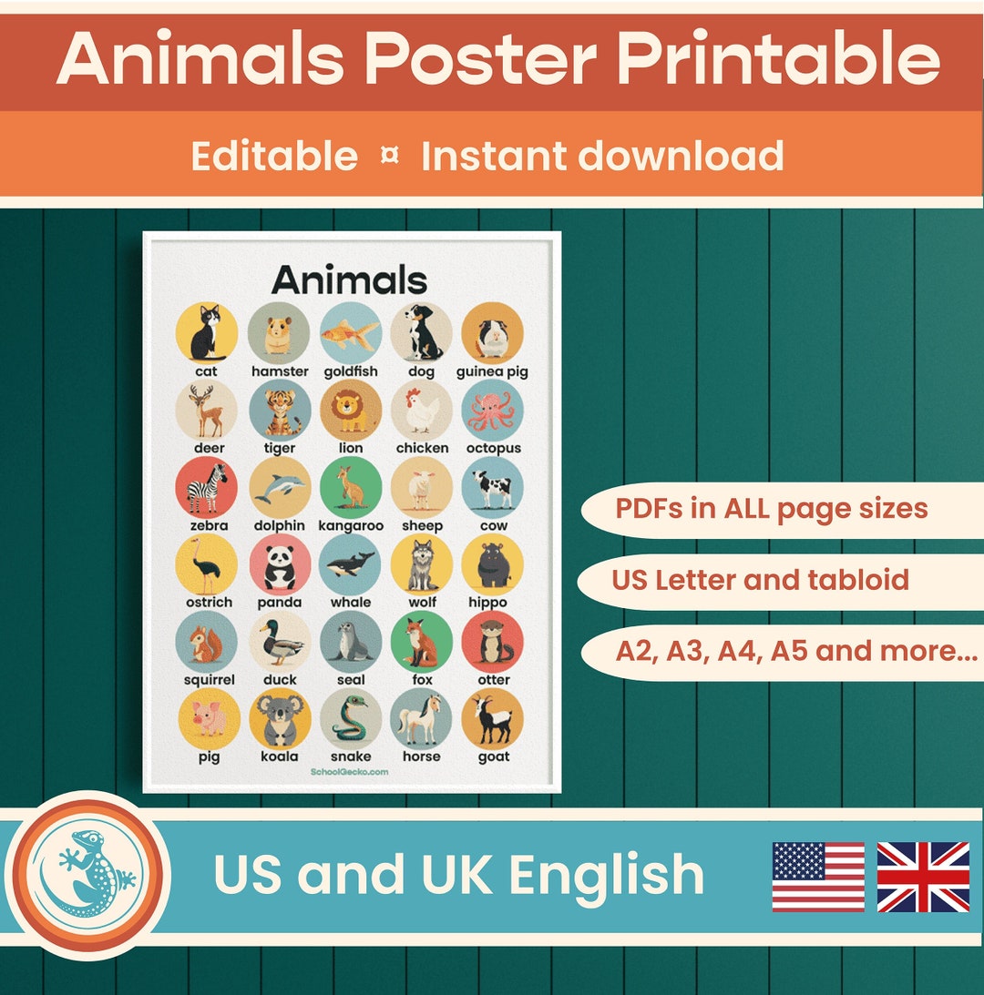 Animals Colour Poster Printable, Homeschool Montessori Materials ...