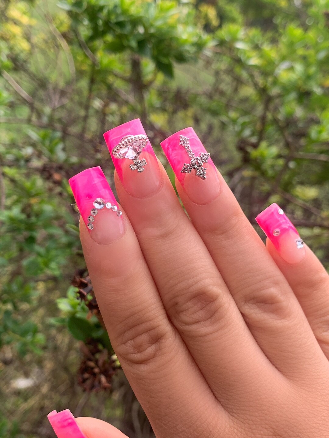 Pink Marble Y2K French Tip Nails - Etsy