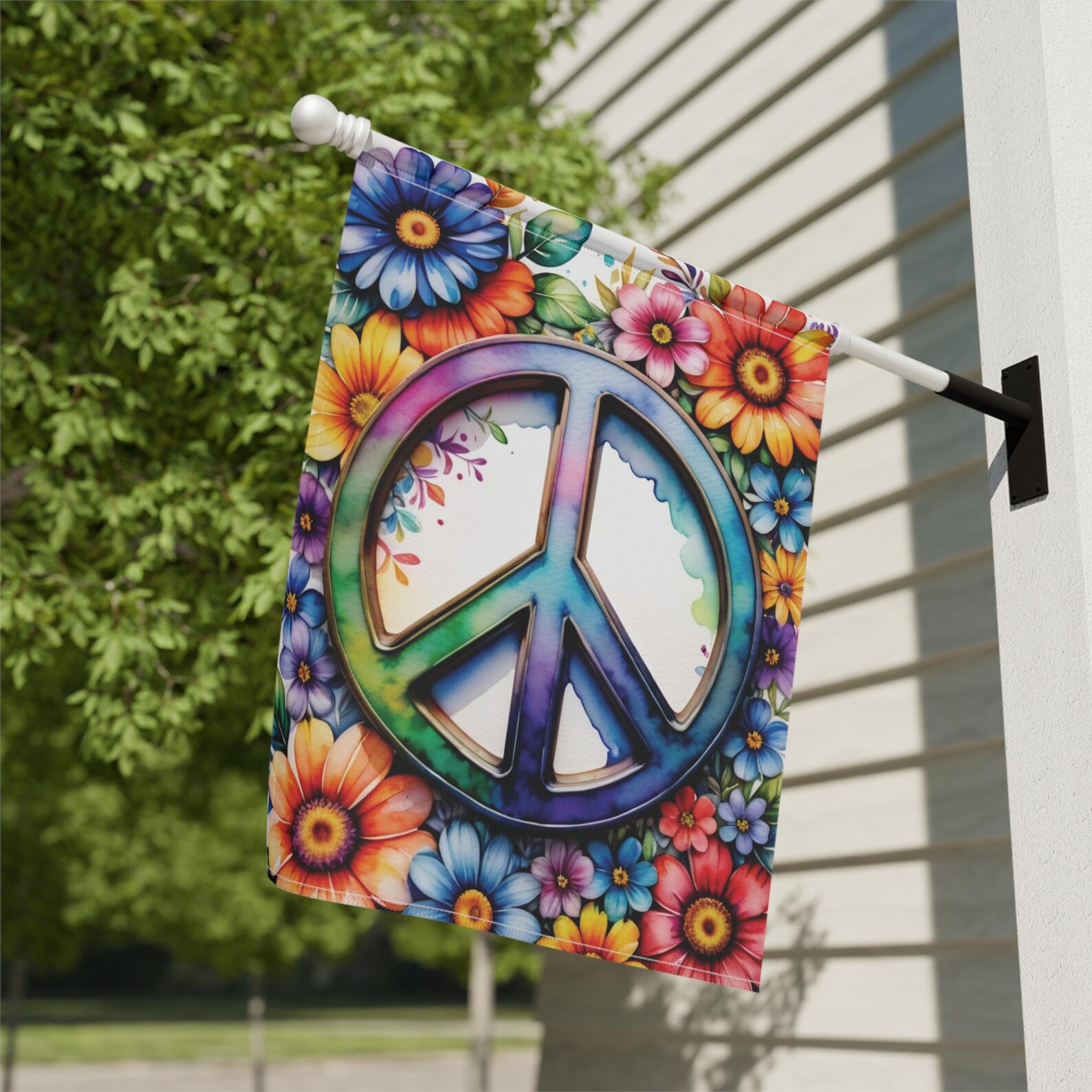 Peace Flag, Floral Peace Sign, Spring Yard Decor, Hippie Outdoor Banner ...