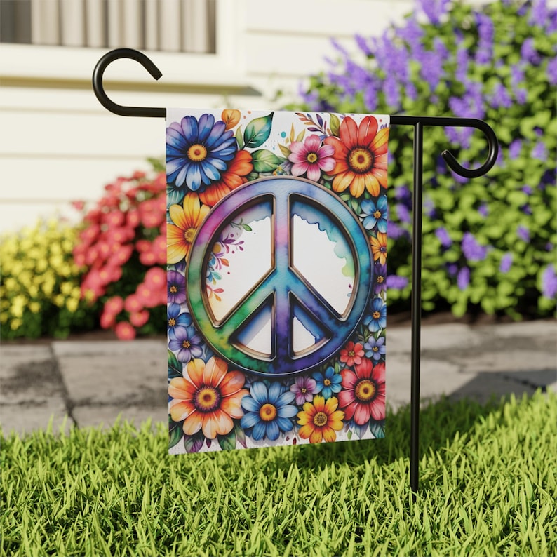 Peace Flag, Floral Peace Sign, Spring Yard Decor, Hippie Outdoor Banner ...