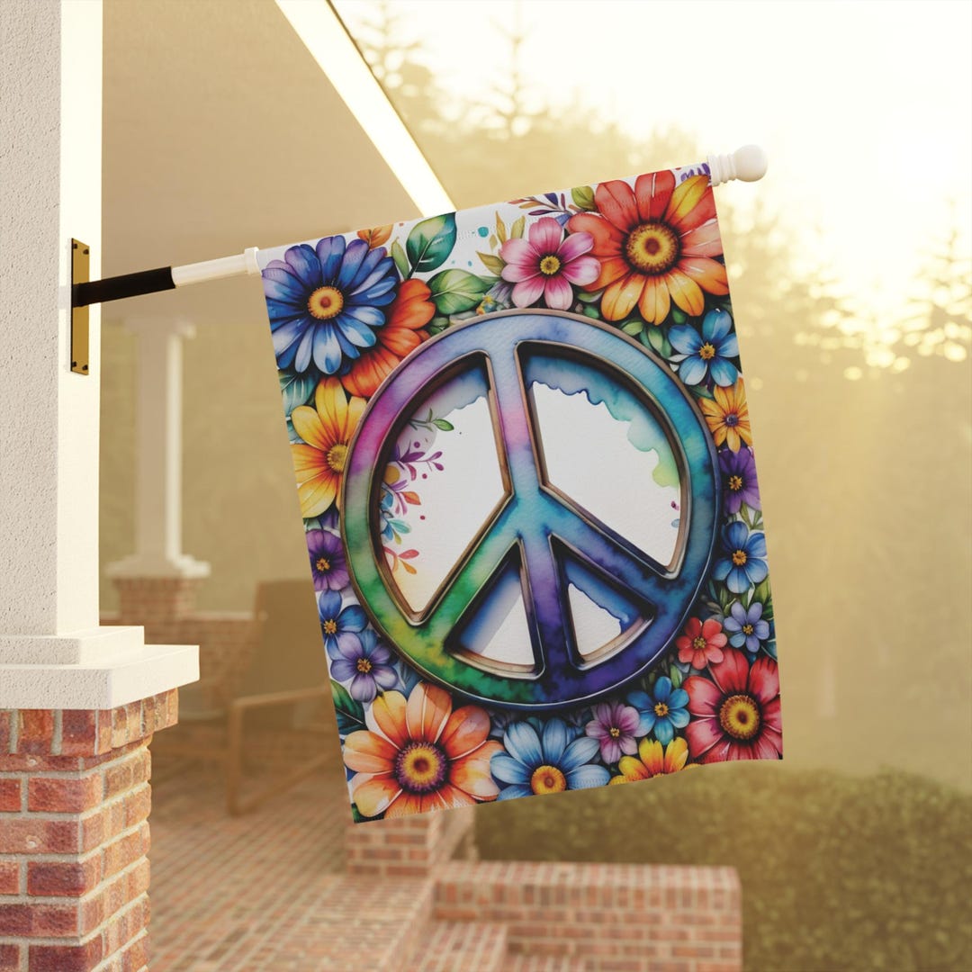 Peace Flag, Floral Peace Sign, Spring Yard Decor, Hippie Outdoor Banner ...