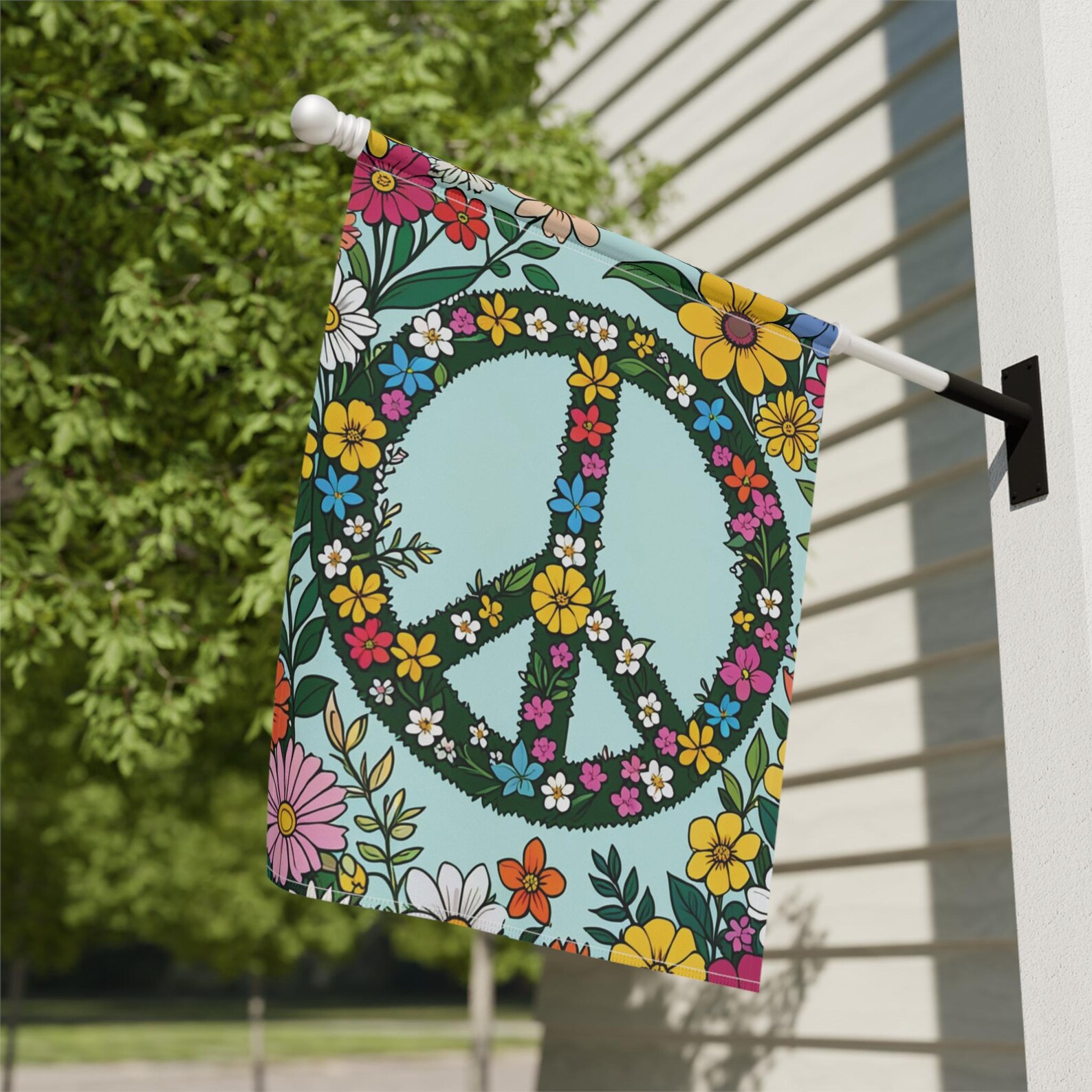 Peace Flag, Floral Peace Sign, Spring Yard Decor, Hippie Outdoor Banner ...