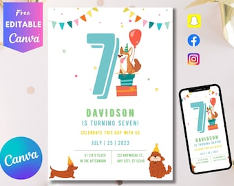 Editable 7th Birthday Invitation Template Purple Glitter Birthday Party ...