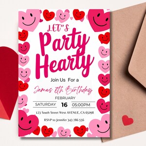 Party Hearty Valentine's Birthday Invitation Editable Heart Valentine's ...