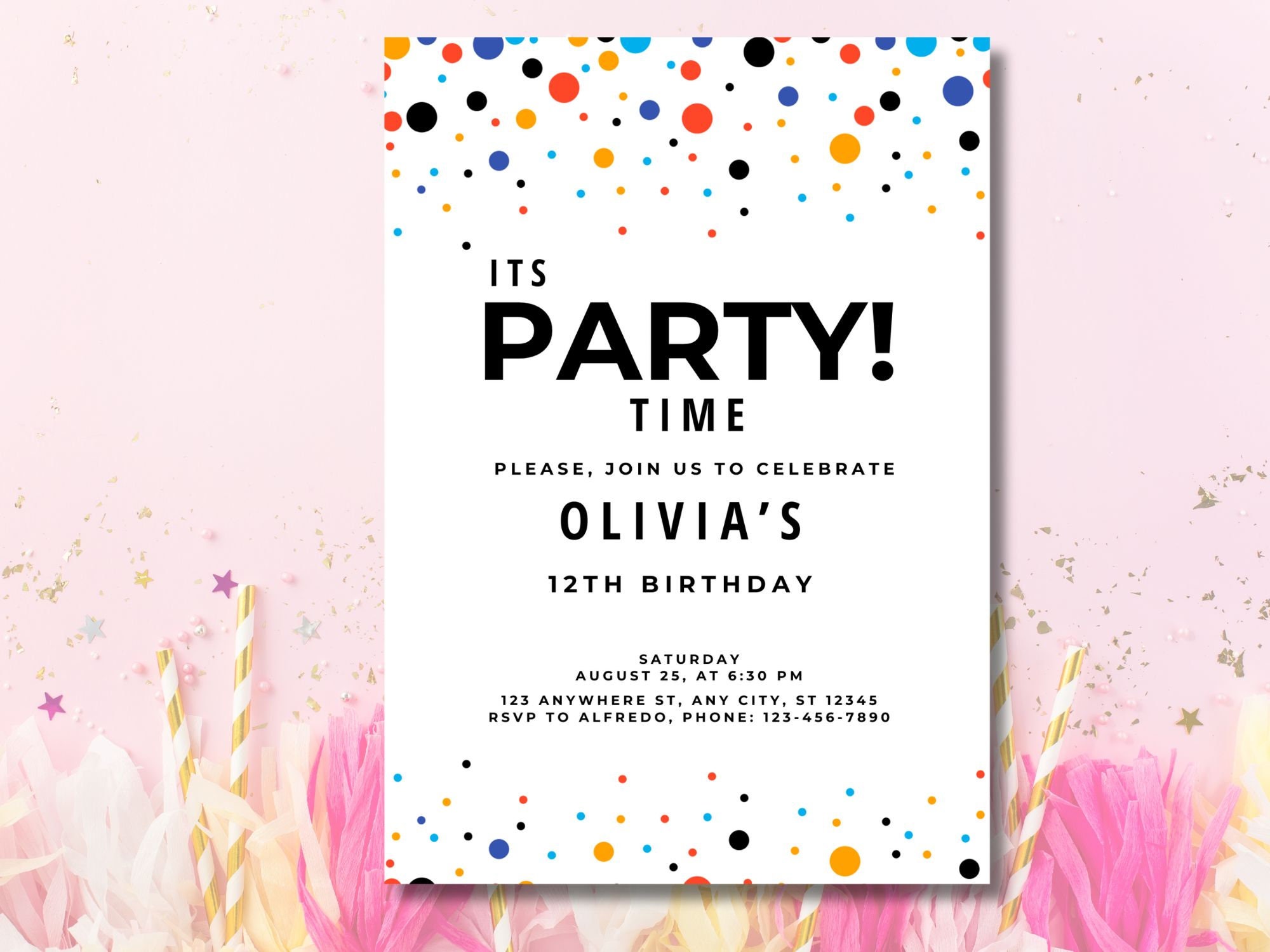 Confetti Party Invitation, It's Party Time, Colorful Invite, Simple ...