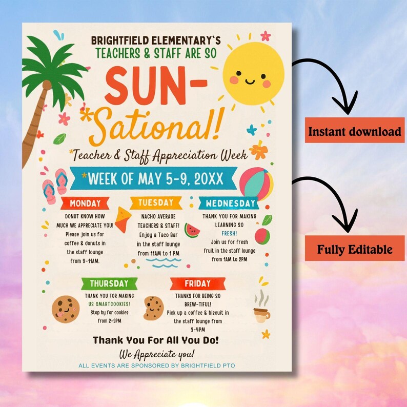 Editable Beach Theme Teacher & Staff Appreciation Sunsational Itinerary ...