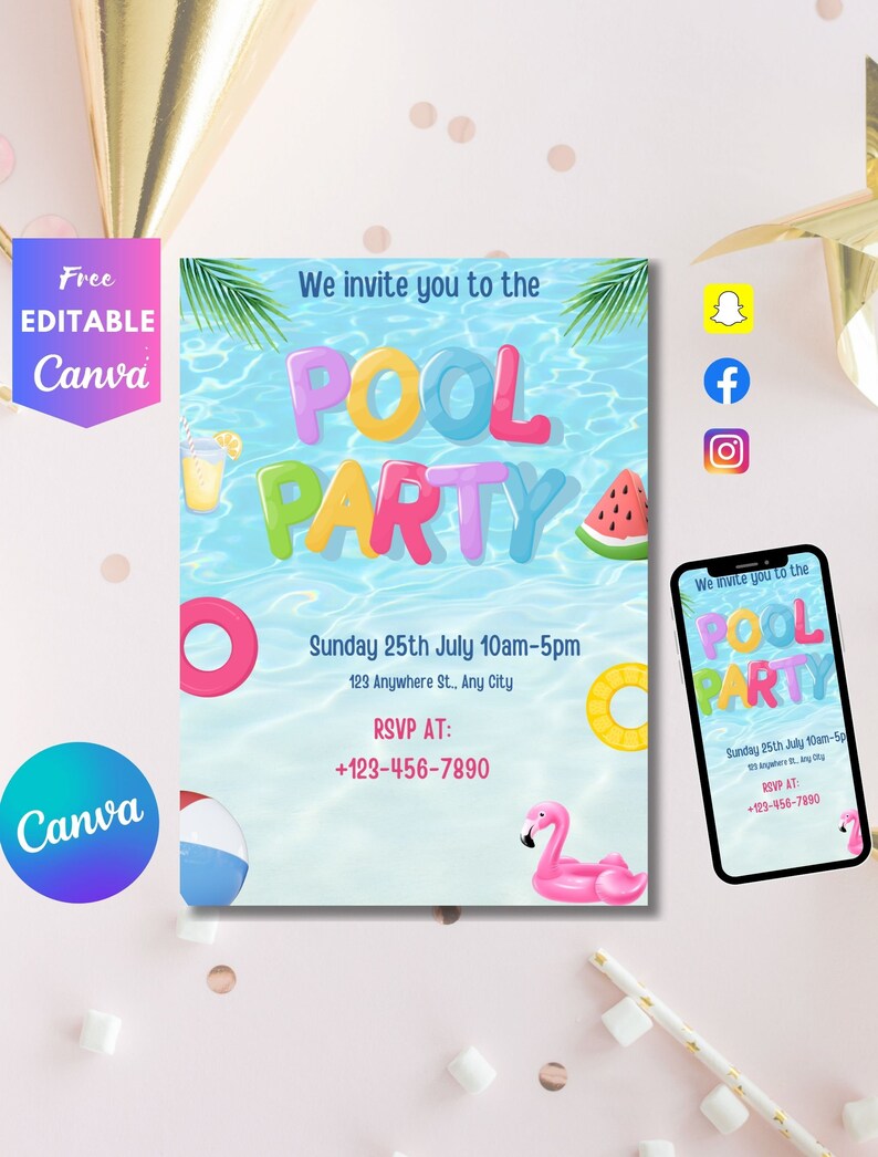 Editable Tropical Pool Party Invitation: Swim Birthday Invite (digital ...