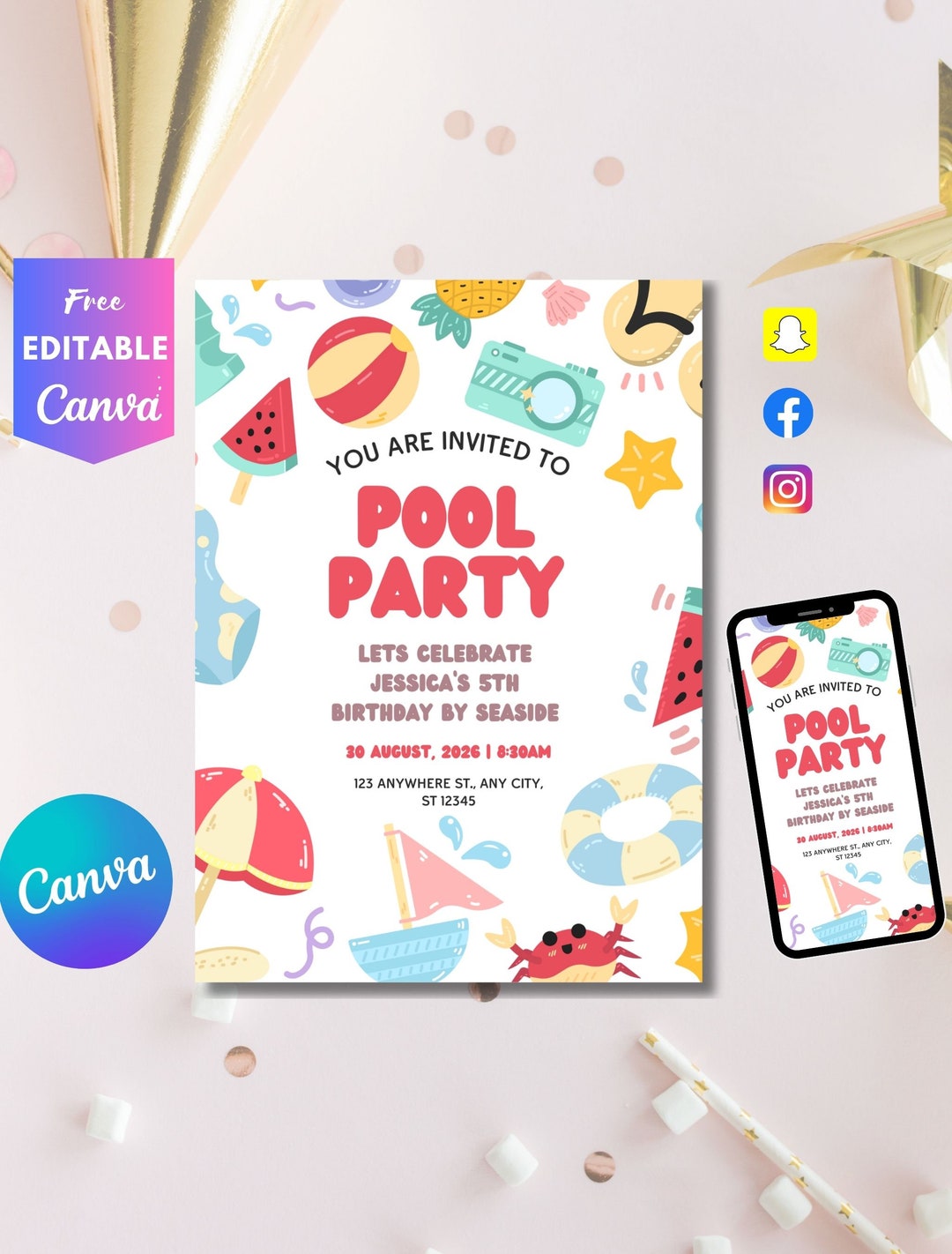 Pool Party Invitation: Editable Kids Swim Birthday (canva Template) - Etsy