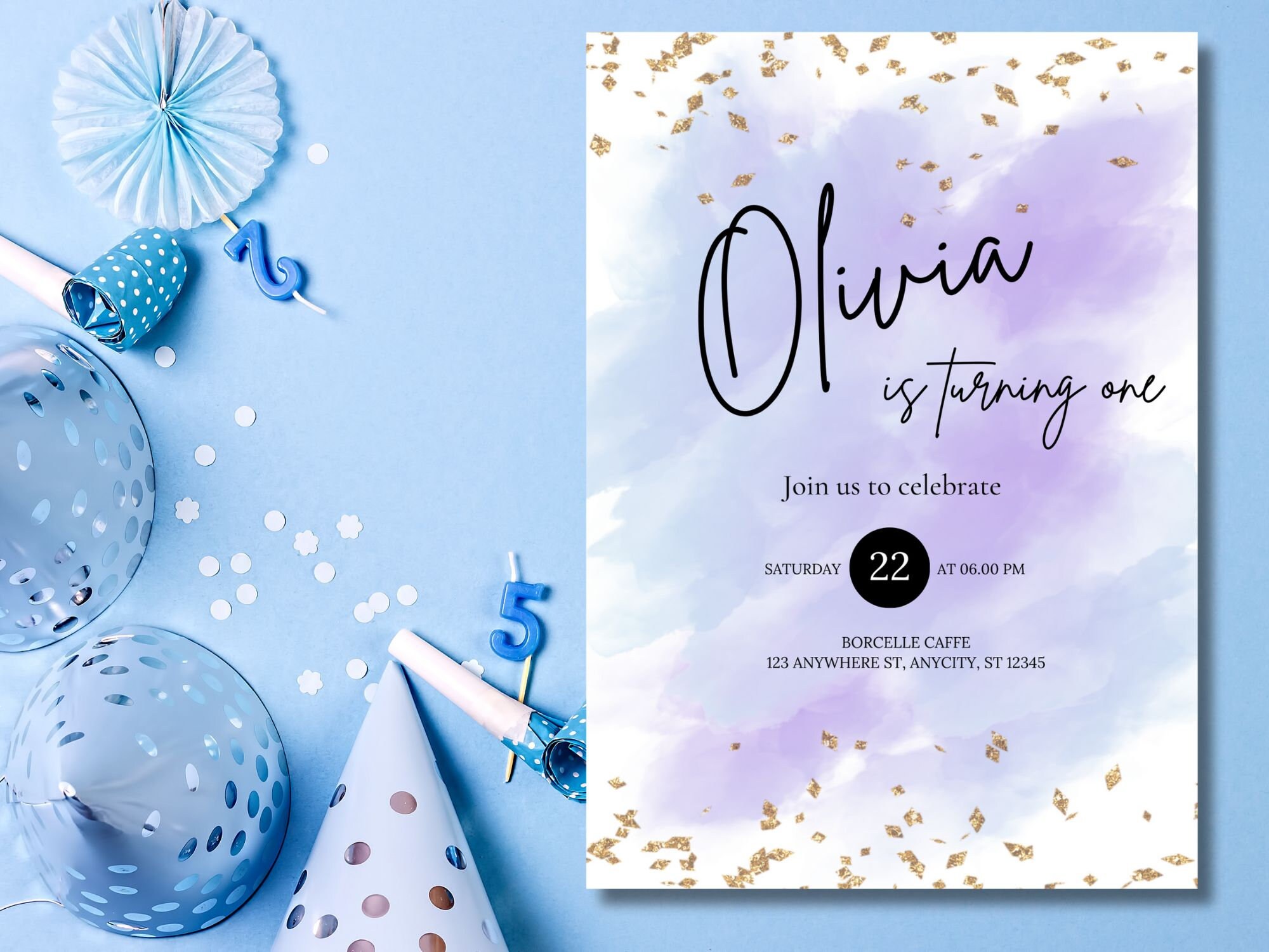 Rainbow Birthday Invitation Colorful Watercolor Gold Glitter Sprinkles ...