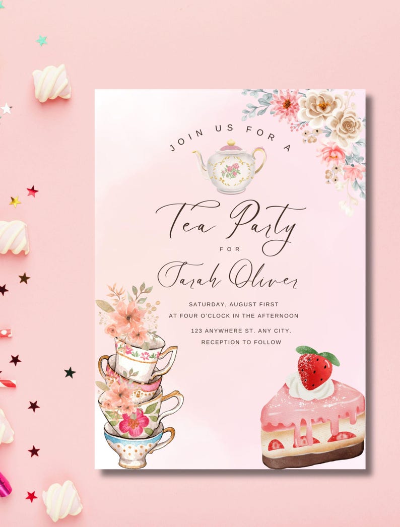 Editable Tea Party Birthday Invitation Girl Par-tea Invite Floral Pink ...