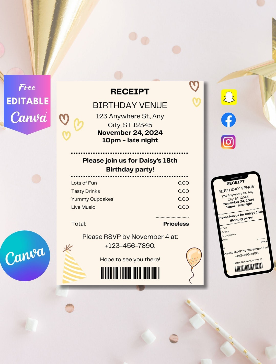 Editable Receipt Party Invitation, Digital Receipt Birthday Invitation ...