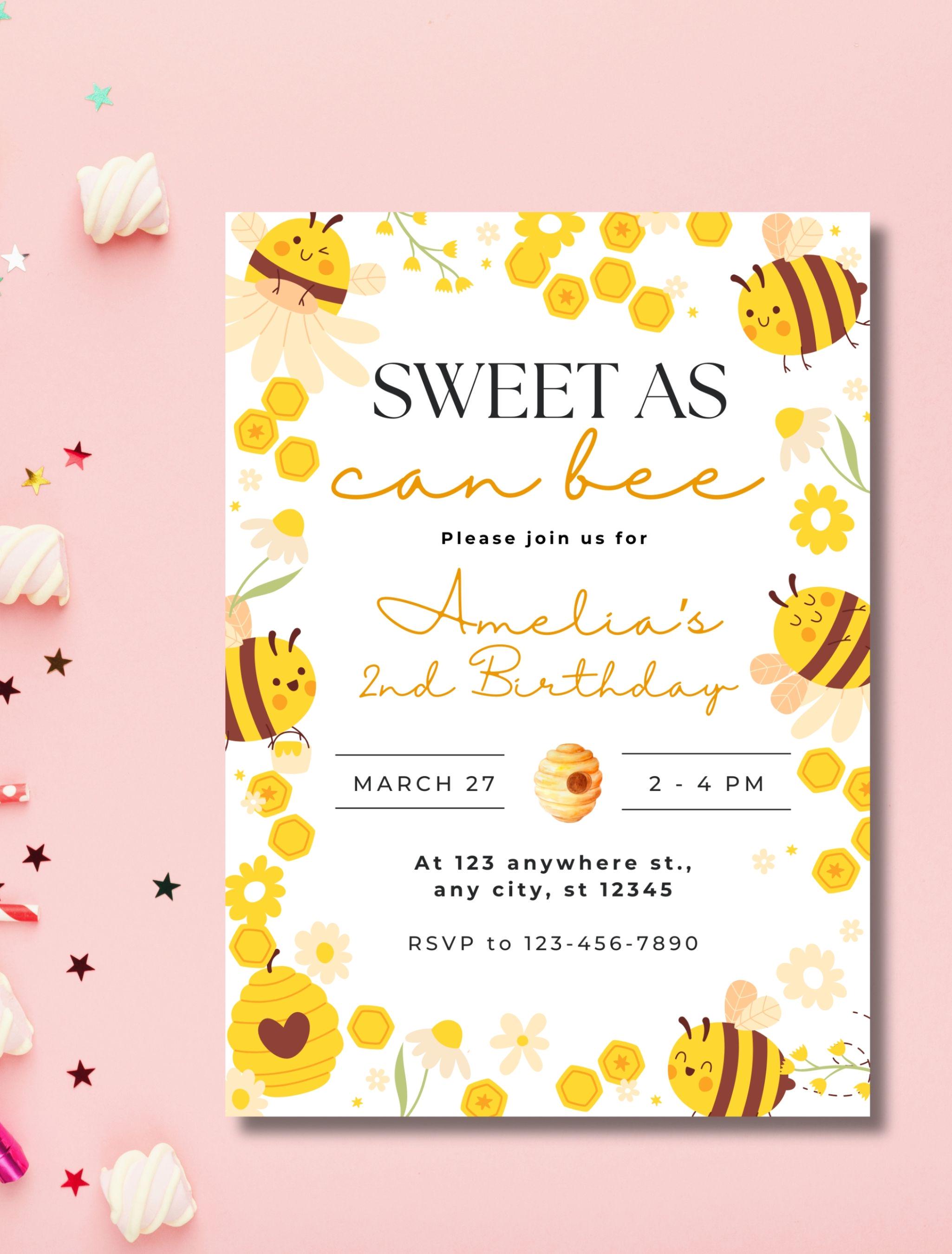 Bee First Birthday Invite First Bee Day Invitation Honey Bee 1st ...