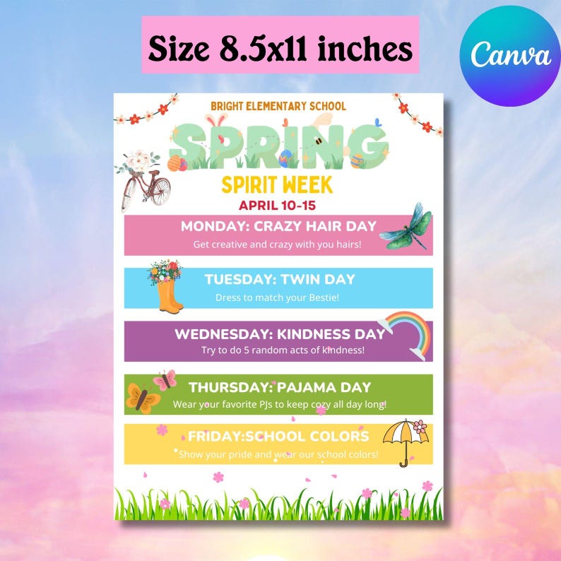 Editable Spring Spirit Week Flyer Canva Template, School Spirit ...
