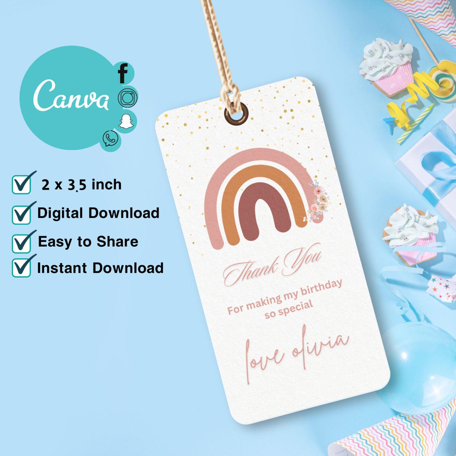 Rainbow Birthday Thank You Tag Pastel Rainbow Party Gift Tag Rainbow ...